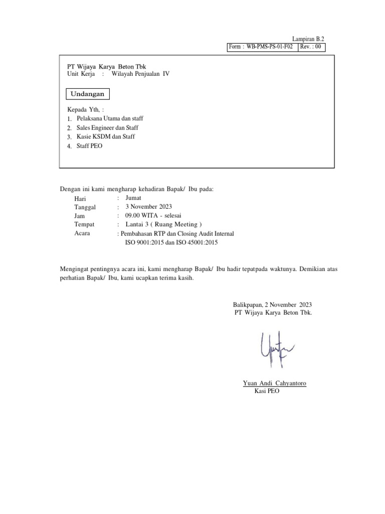 UNDANGAN PEMBAHASAN RTP AUDIT INTERNAL ISO 9001 & 45001 Tahun 2023 | PDF