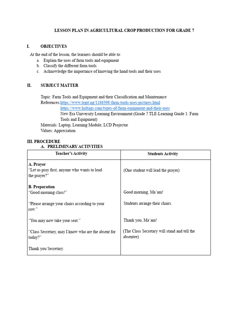 Lesson Plan in Agricultural Crop Production For Grade 7 | PDF ...