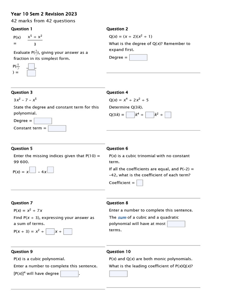 Year 10 Polynomial Revision Questions | PDF | Polynomial | Quadratic ...