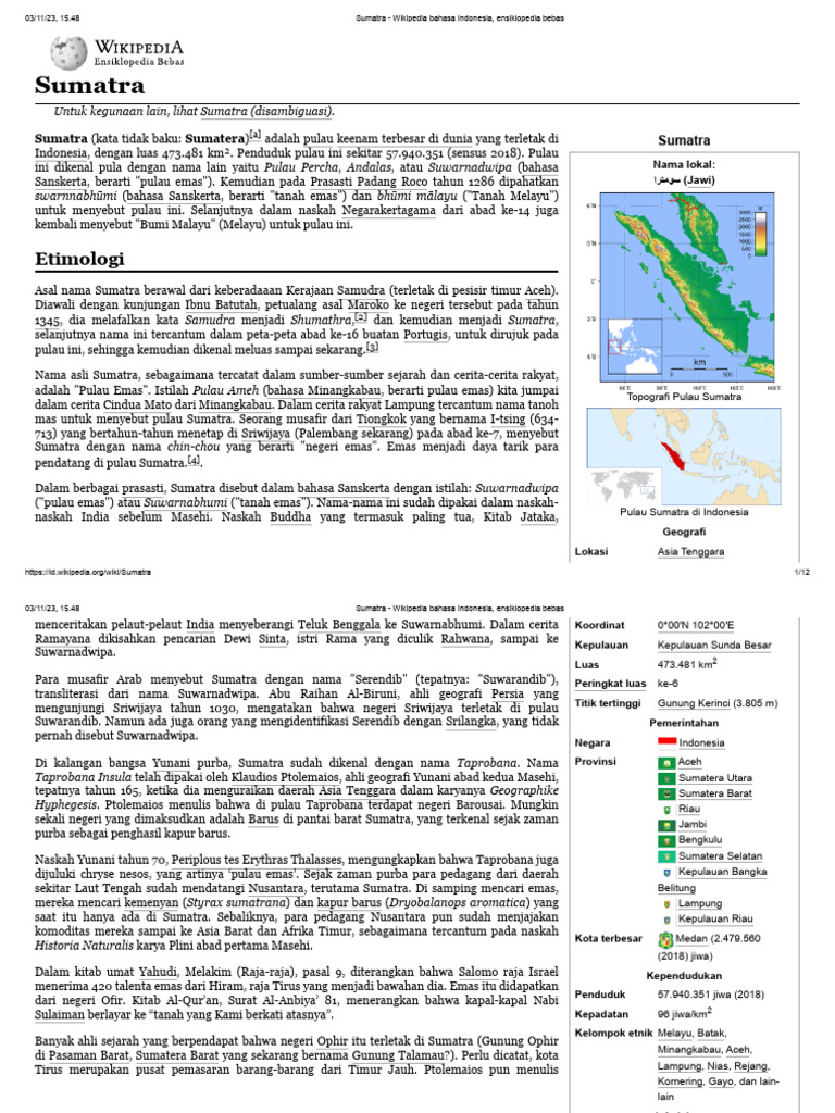 Sumatra - Wikipedia Bahasa Indonesia, Ensiklopedia Bebas | PDF