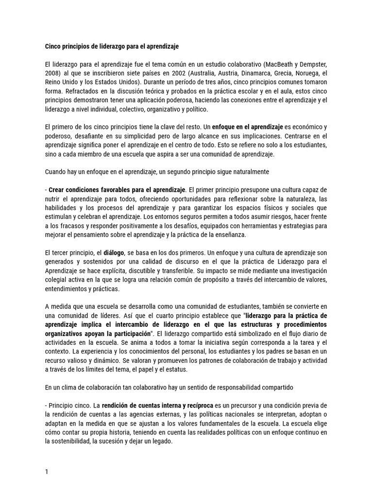 Cinco Principios Del Liderazgo para El Aprendizaje PDF | Descargar ...