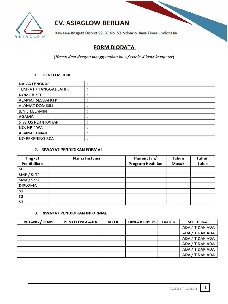 Form Biodata Karyawan Baru | PDF
