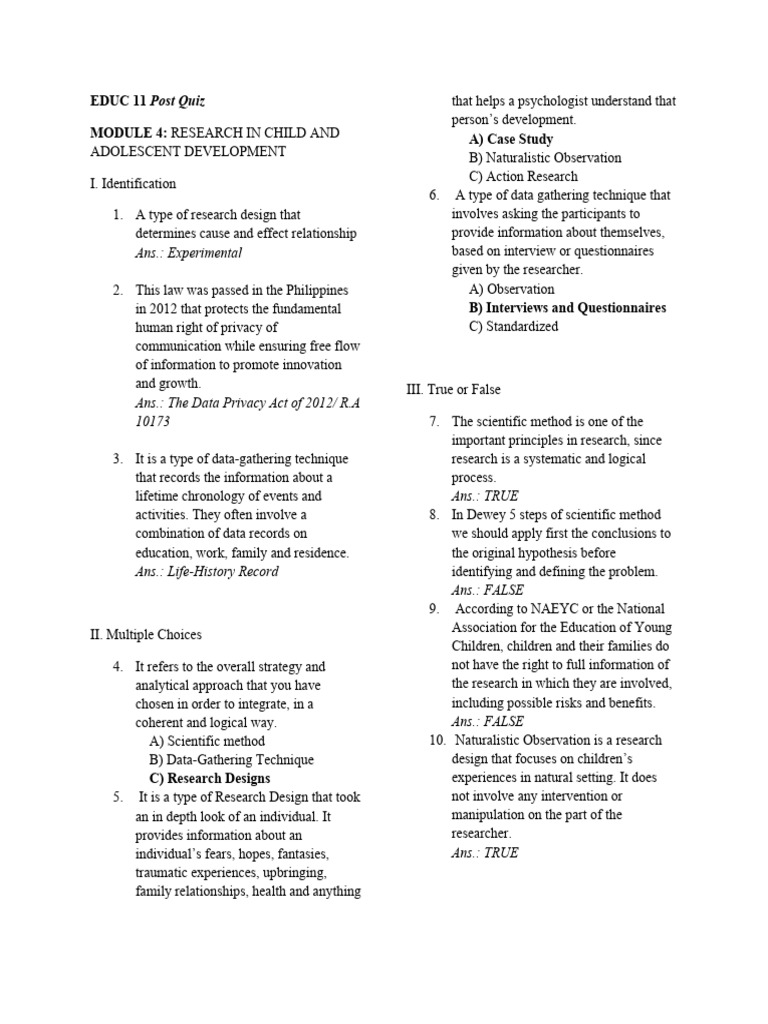 EDUC 11 Post Quiz | PDF | Scientific Method | Data Collection