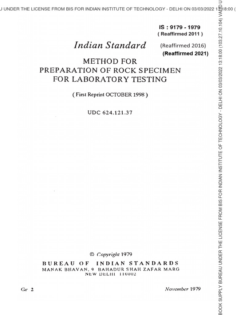 Bis Is 9179 - 1979 (Reaffirmed 2021) - Method For The Preparation of ...
