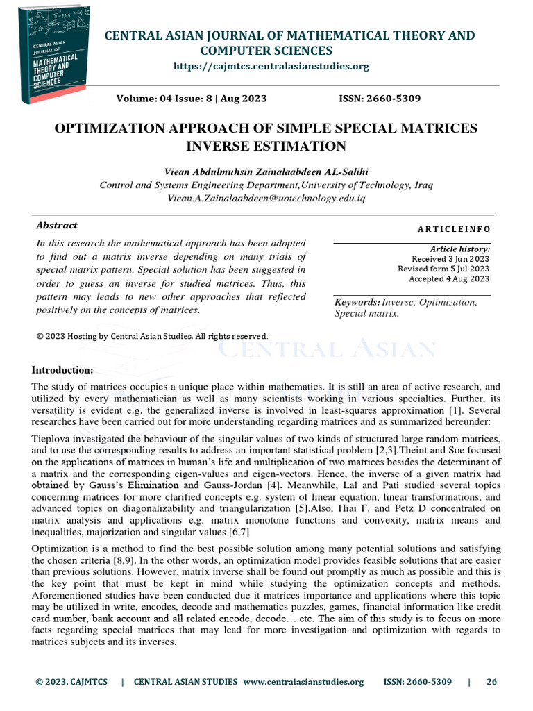 Optimization Approach of Simple Special Matrices Inverse Estimation | PDF | Matrix (Mathematics ...