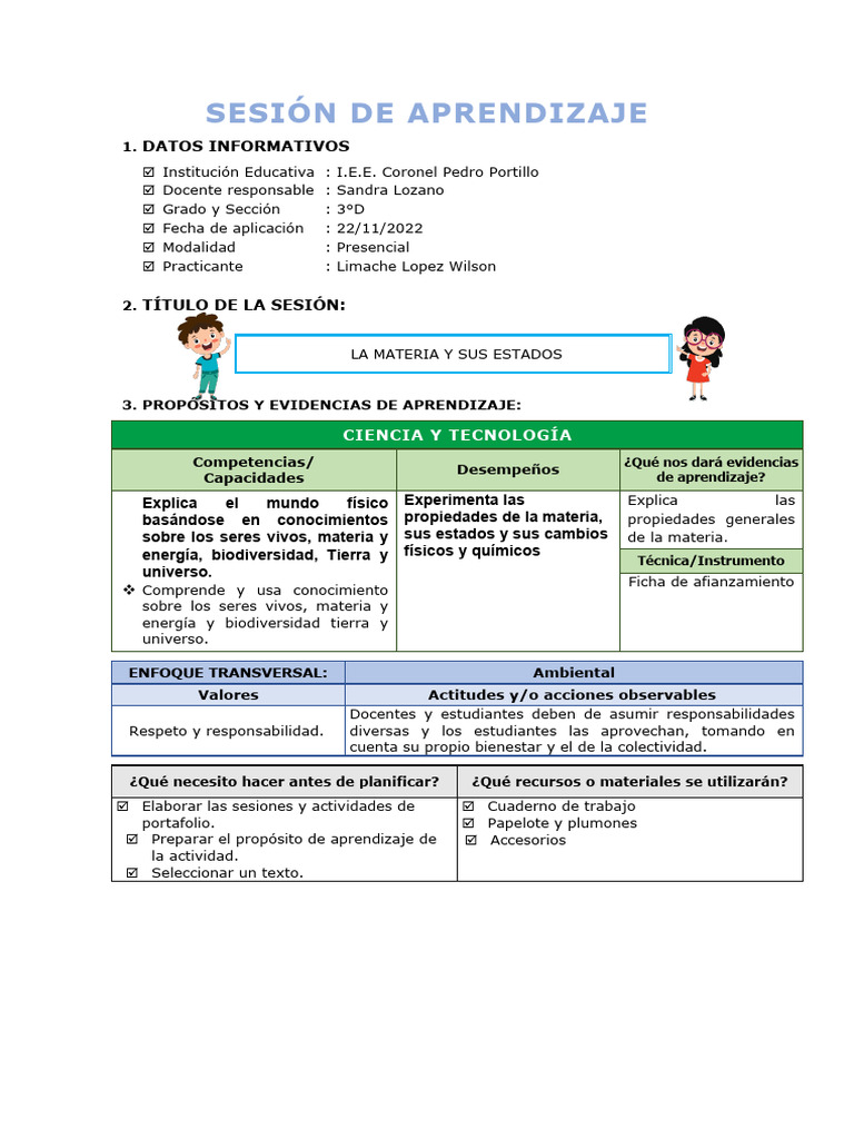 Sesión de Aprendizaje de Ciencia y Ambiente (La Materia y Sus Estados) | PDF | Aprendizaje ...