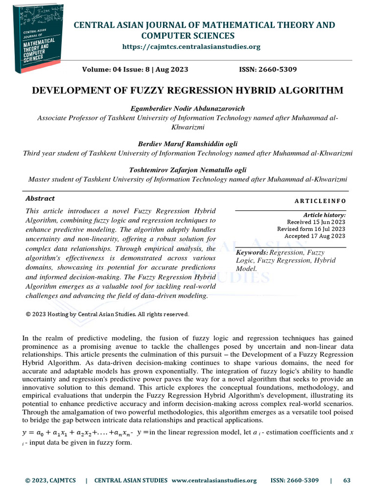 Development Of Fuzzy Regression Hybrid Algorithm Pdf Fuzzy Logic