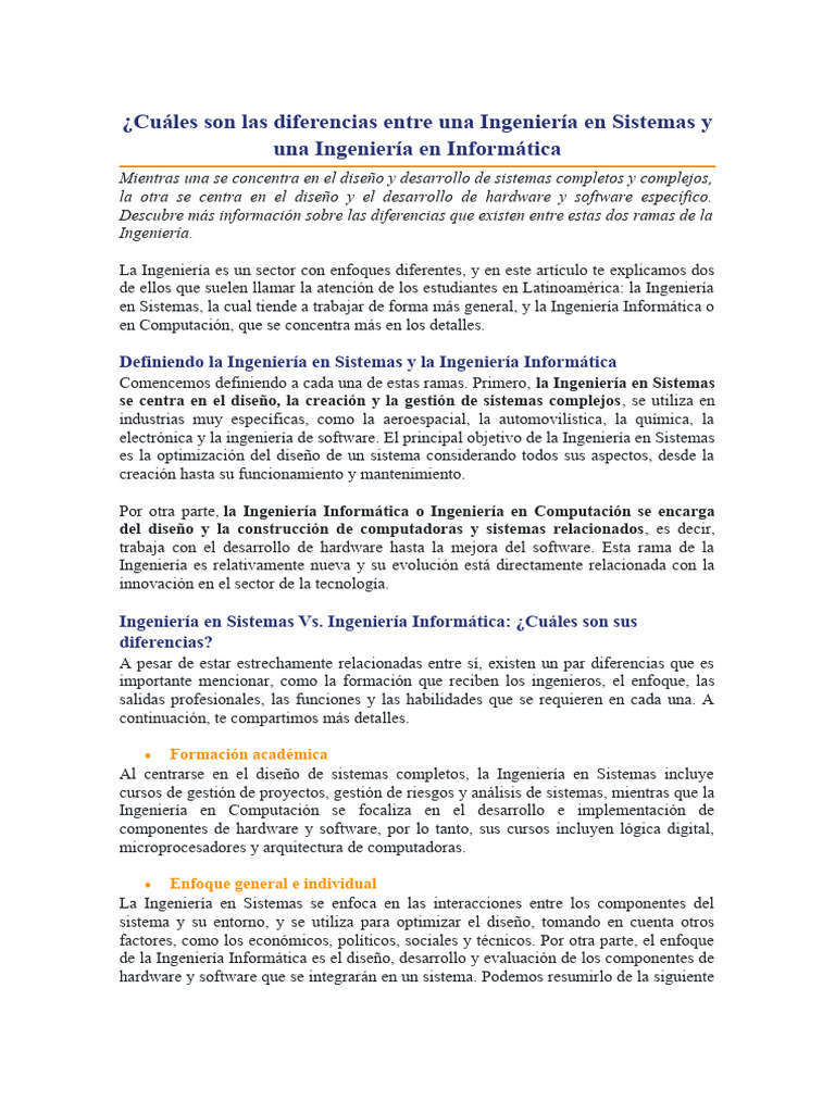diferencia entre ing. en sistemas e ing. en Informática | PDF | Ingeniería Informática ...