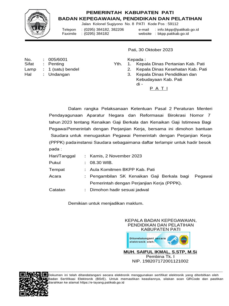 Surat Udangan Pengambilan SK KGB PPPK | PDF