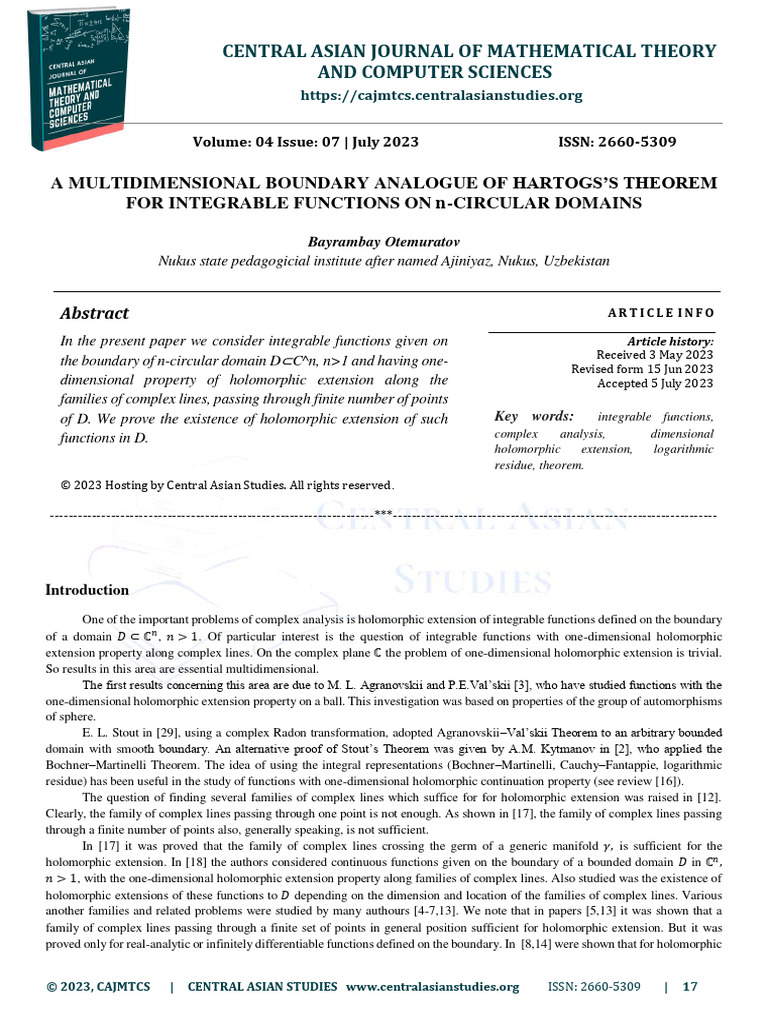 A MULTIDIMENSIONAL BOUNDARY ANALOGUE OF HARTOGS'S THEOREM FOR INTEGRABLE FUNCTIONS ON n-CIRCULAR ...