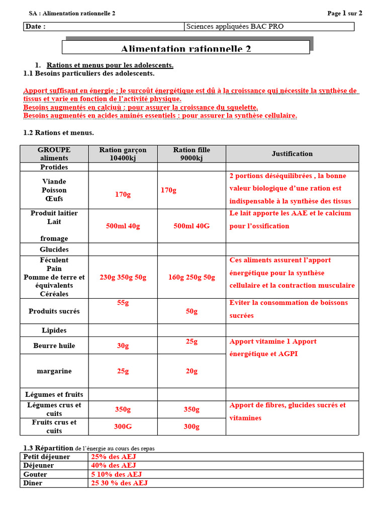 Rations Alimentaires pour Adolescents et Seniors | PDF | Lait | Manger
