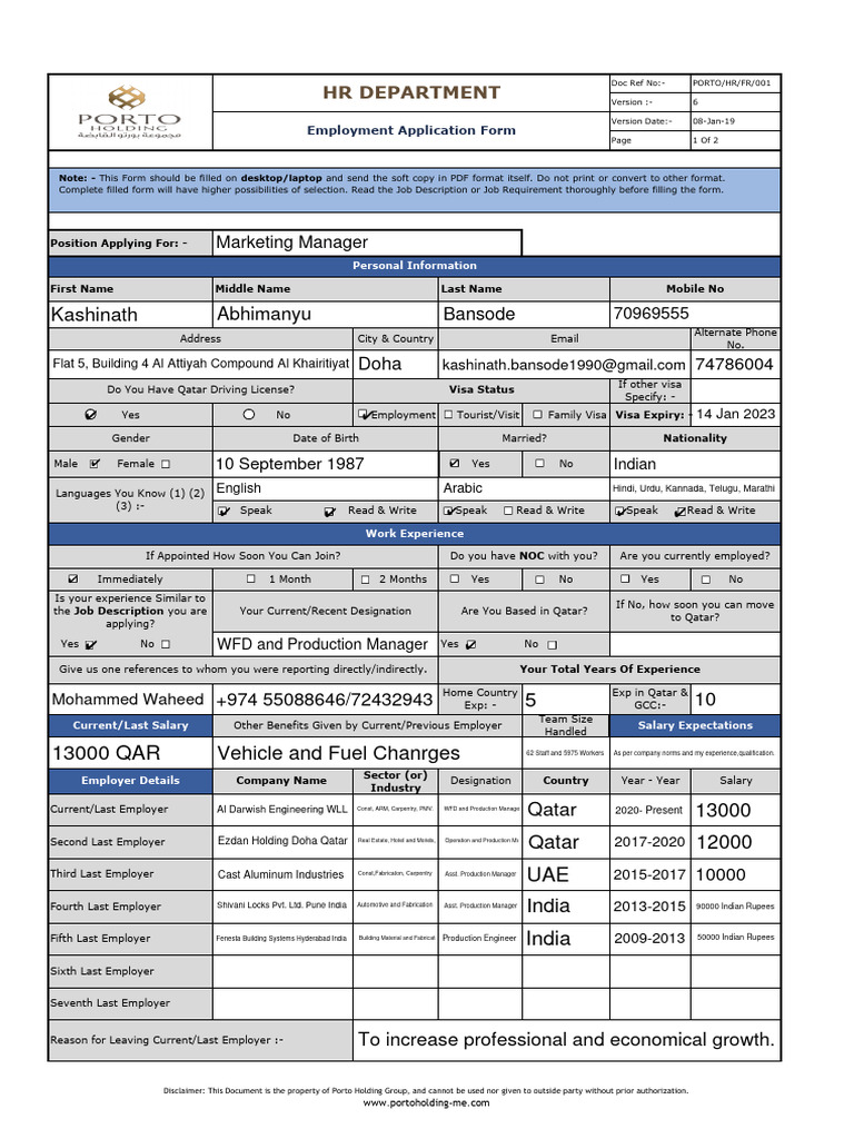Employment Application Form - Porto Holding Group | PDF | Employment ...