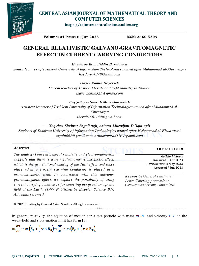 General Relativistic Galvano-Gravitomagnetic Effect in Current Carrying Conductors | PDF ...