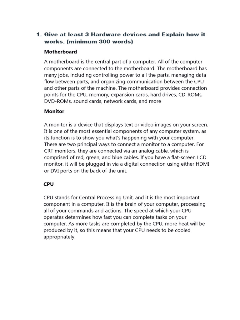 Workbook Assessment Task 3 - Computer Hardware IPO Storage and Network | PDF | Input/Output ...