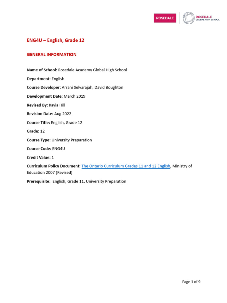 ENG4U Course Outline 2022-2023 | PDF | Educational Assessment | Learning