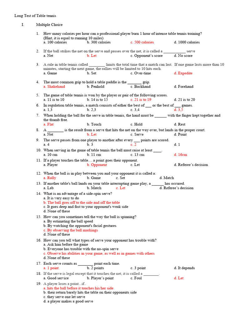Table Tennis Rules & Quiz Guide | PDF