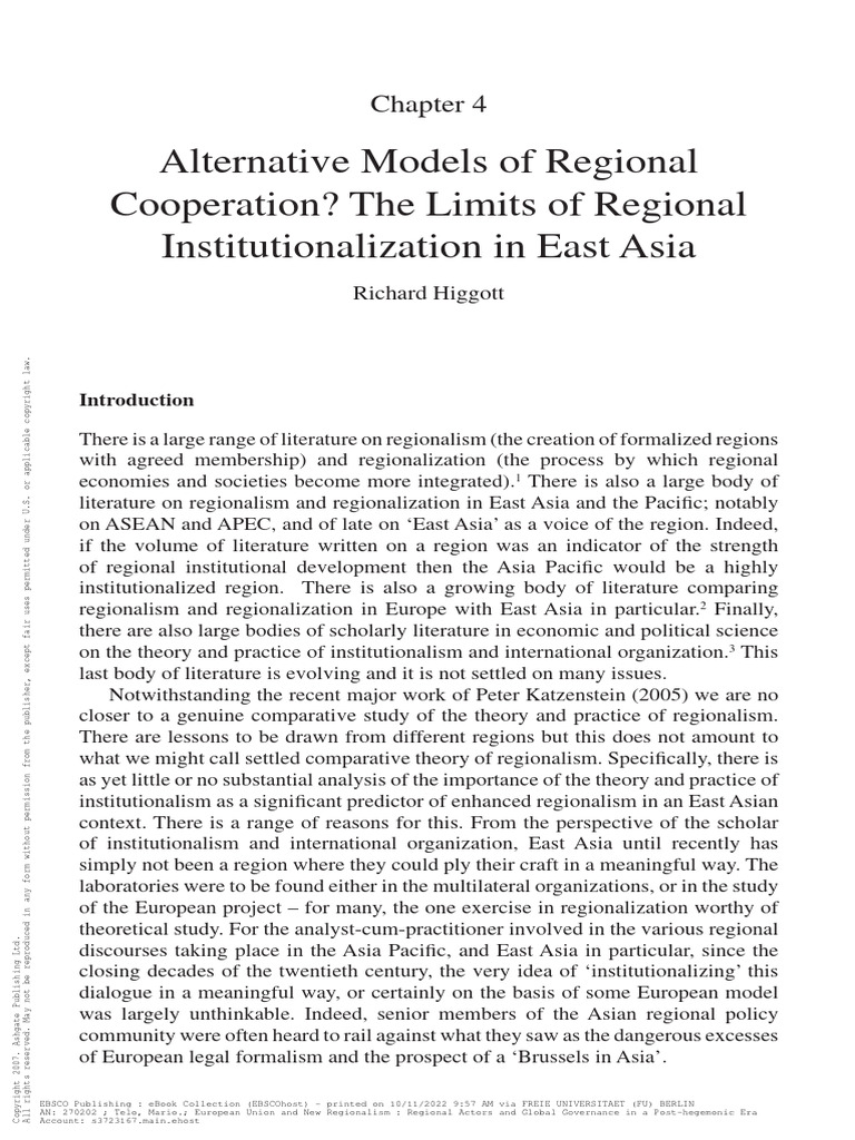 Alternative Models of Regional Cooperation - The Limits of Regional Institutionalization in East ...