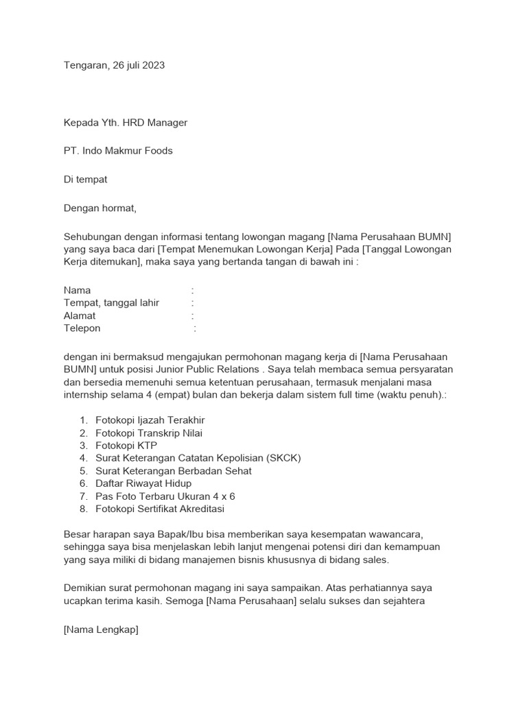 Surat Lamaran Kerja Magang BUMN | PDF