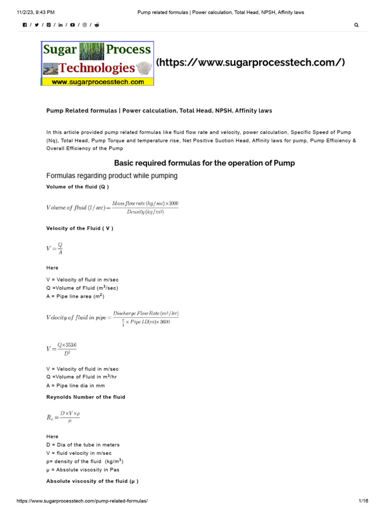 Pump Related Formulas - Power Calculation, Total Head, NPSH, Affinity ...