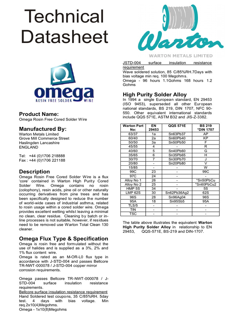 Technical Datasheet: High Purity Solder Alloy | PDF | Solder | Tin