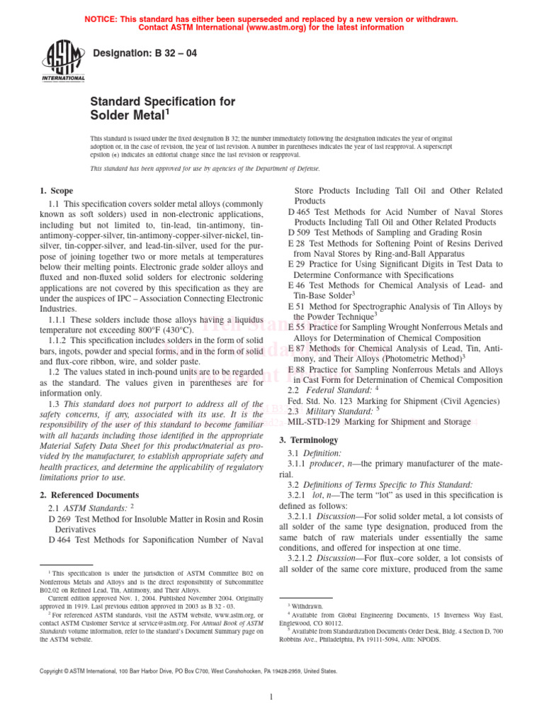 Astm B32 04 | PDF | Solder | Secondary Sector Of The Economy