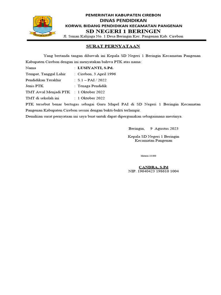 Surat Pernyataan PTK SD Negeri 1 Beringin | PDF