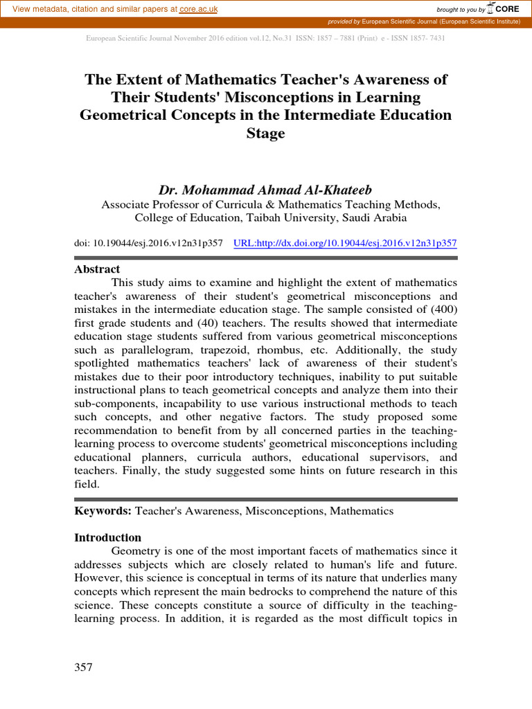 The Extent of Mathematics Teacher's Awareness of Their Students' Misconceptions in Learning ...