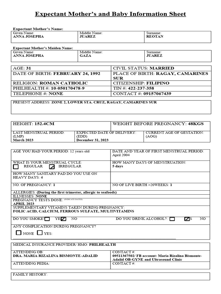 Expectant Mother and Baby Info Sheet | PDF | Pregnancy | Menstruation