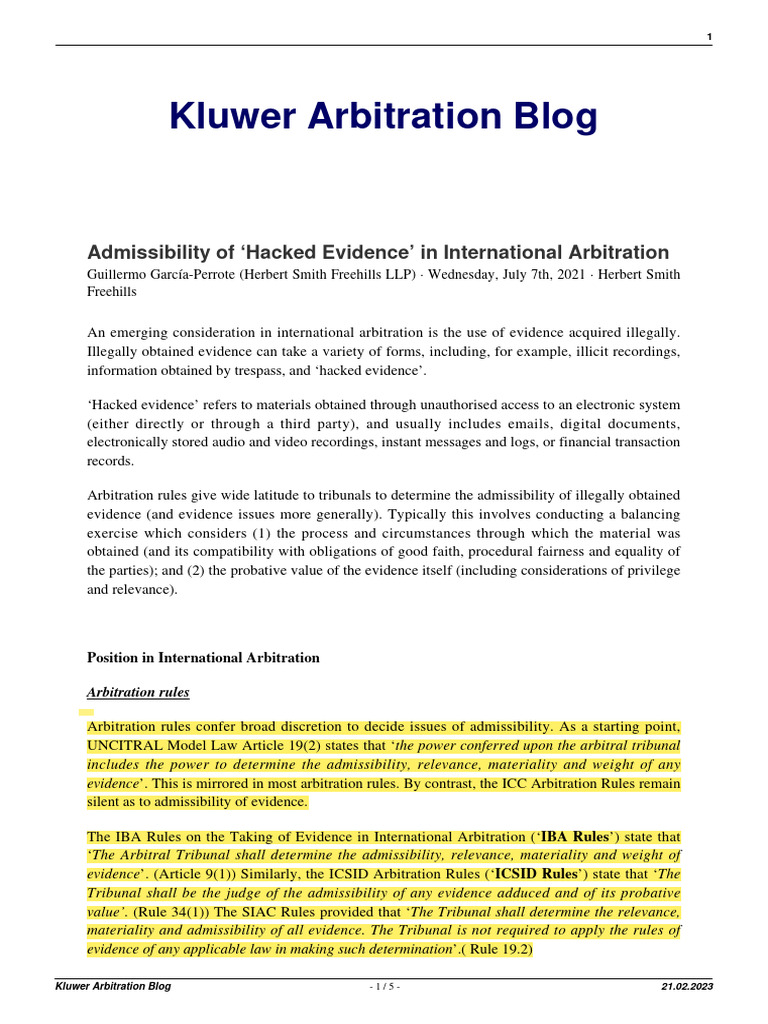 Admissibility of Hacked Evidence in International Arbitration | Download Free PDF | Arbitration ...