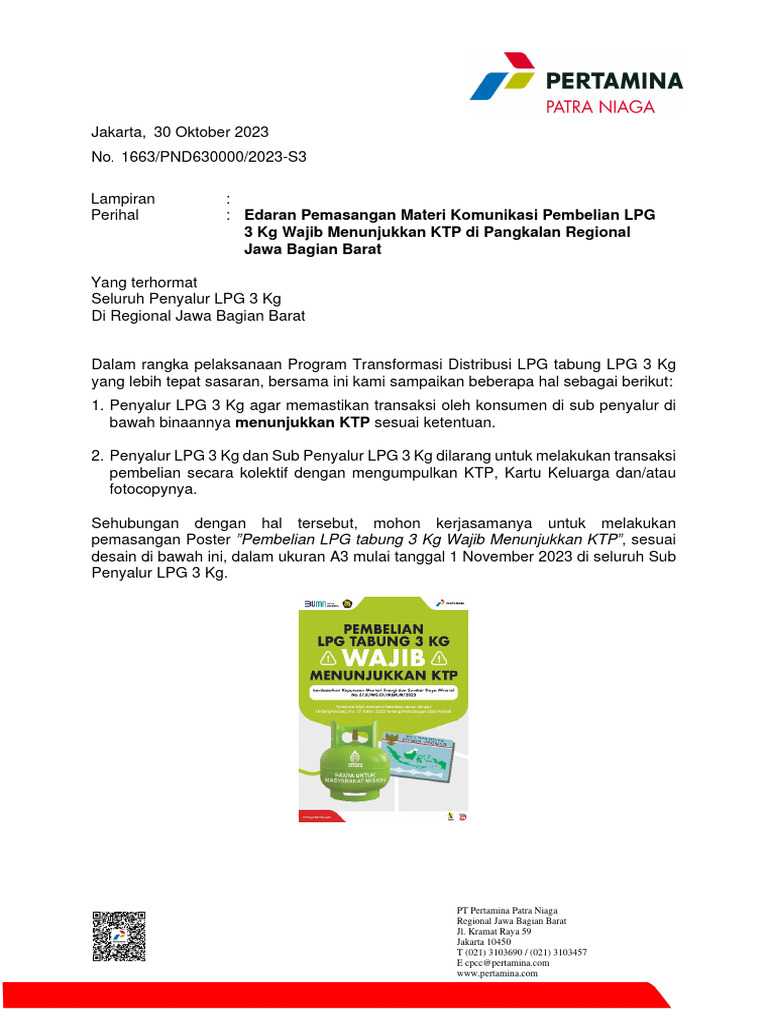 Surat Edaran Pemasangan Materi Komunikasi Pembelian LPG 3KG Wajib Menunjukan KTP Di Pangkalan ...