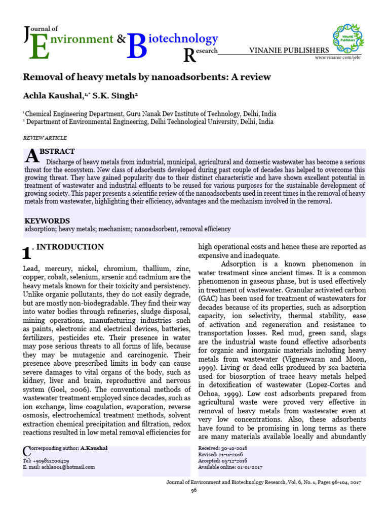 Removal of Heavy Metals by Nanoadsorbents: A Review Achla Kaushal, 1, S ...