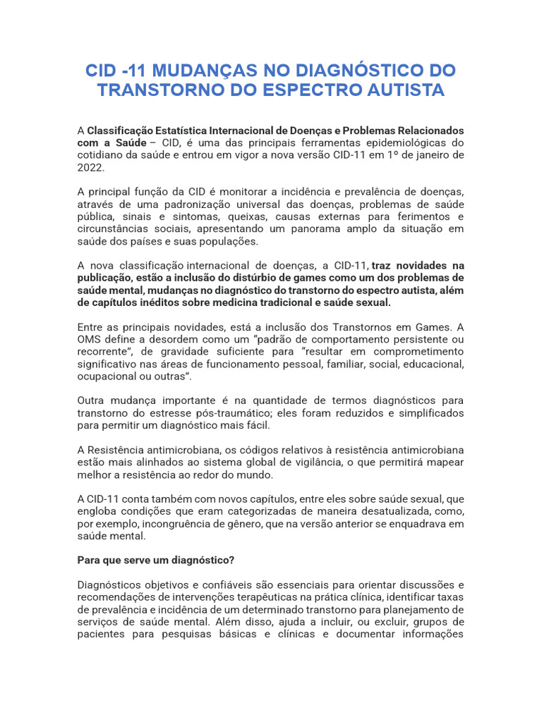 Atualizações da CID-11 no TEA | PDF | Espectro do autismo | Distúrbio ...