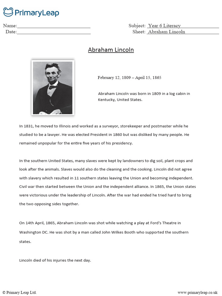Reading Comprehension Abraham Lincoln Fun Activities Games Reading ...