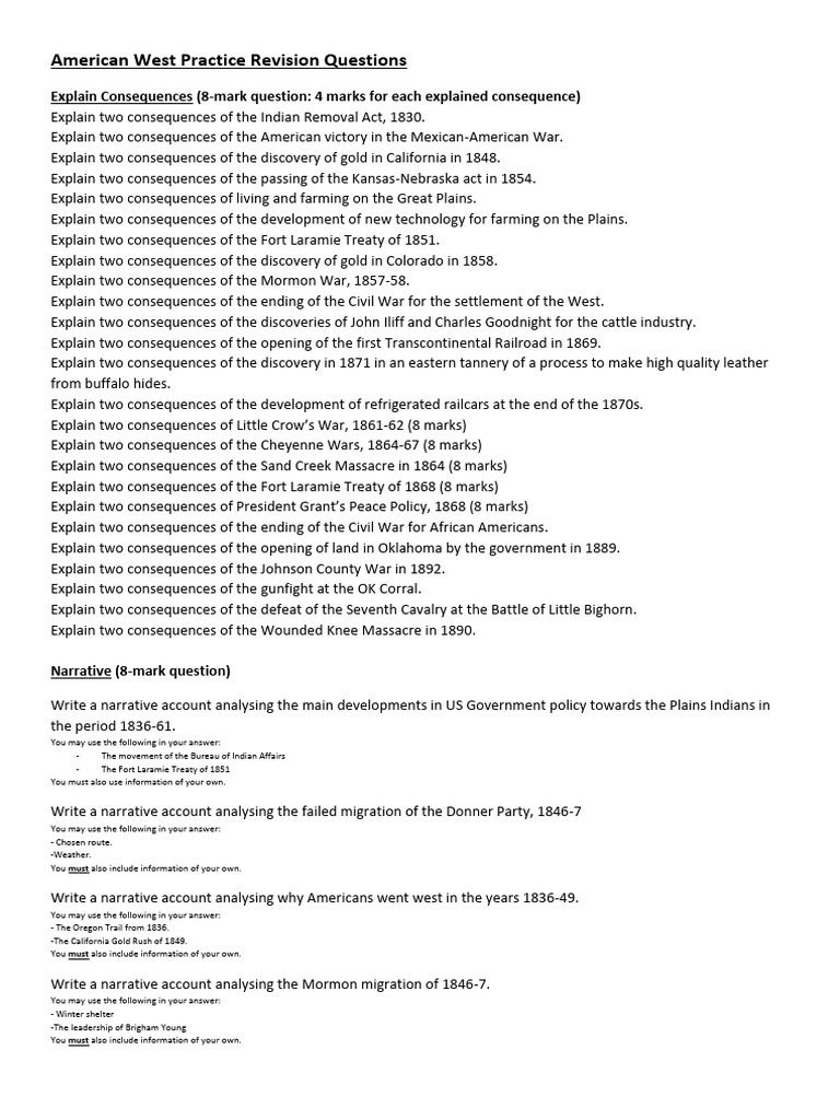 American West Practice Revision Questions | PDF | Indian Reservation ...