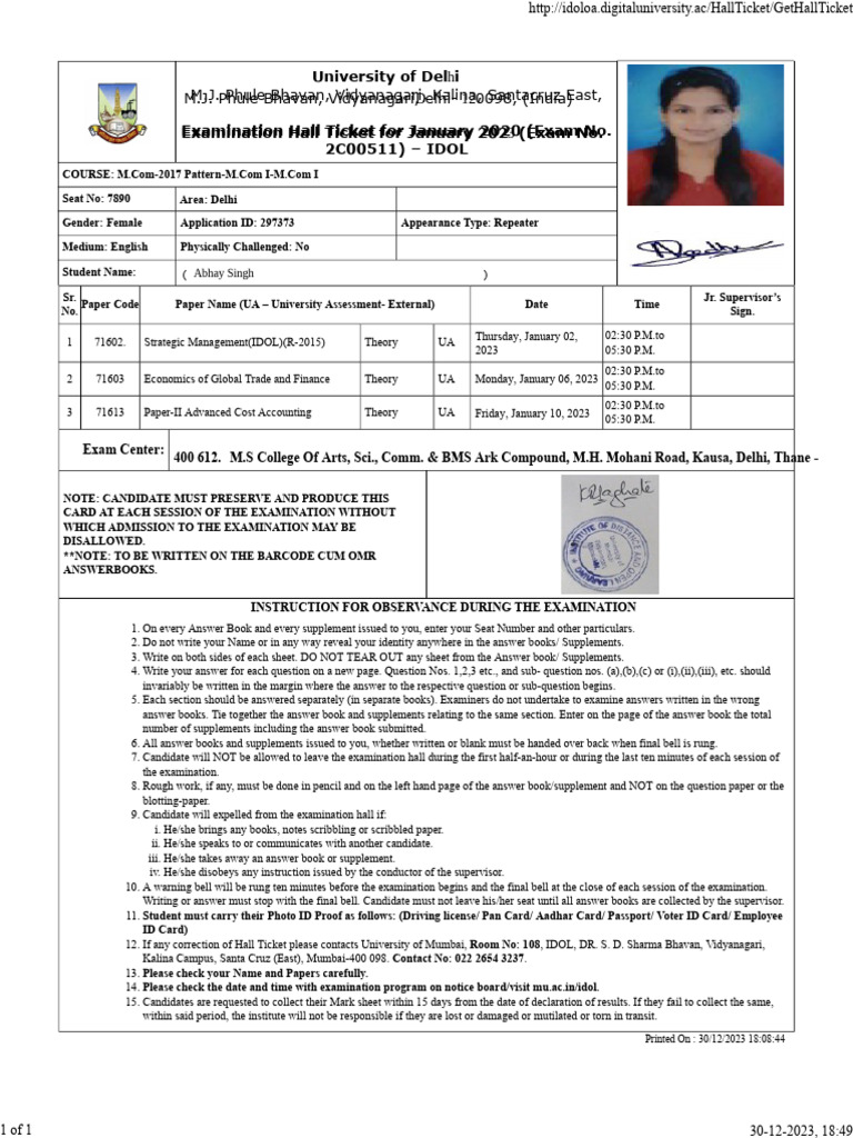 IDOL M.Com Exam Hall Ticket 2023 | PDF | Identity Document | Government