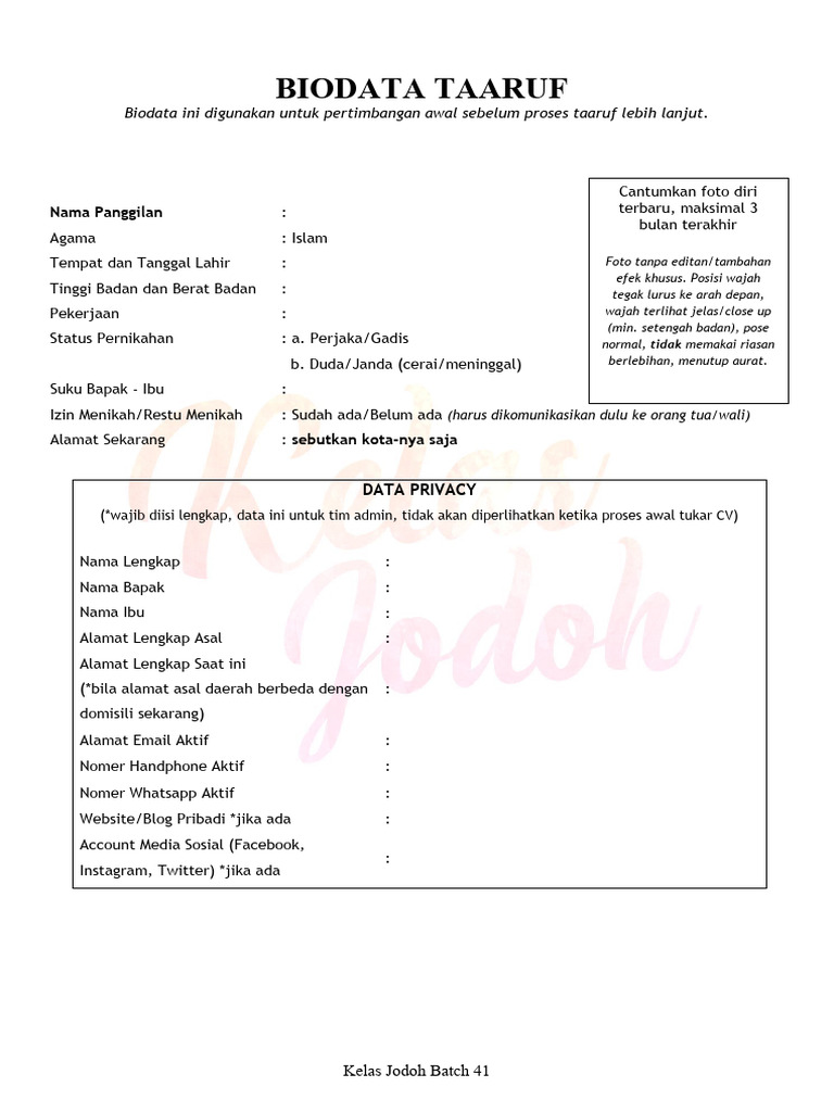 Biodata Taaruf untuk Kelas Jodoh 41 | PDF