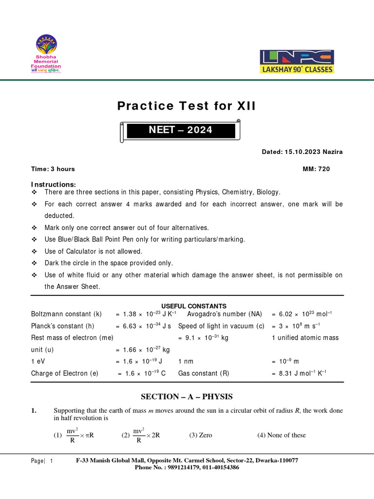 11 - Practice Test-11 For NEET | PDF | Inductor | Electromagnetic Induction