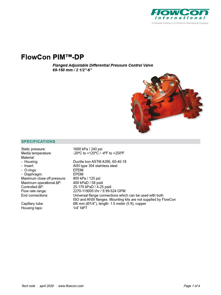 Different Pressure Control DN65-DN150 FlowCon PIM-DP Tech Note | PDF | Valve | Pressure Measurement