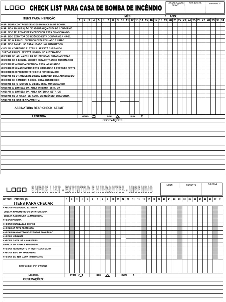 Check List para Casa de Bombas de Incêndio, Extintores e Hidrantes | PDF