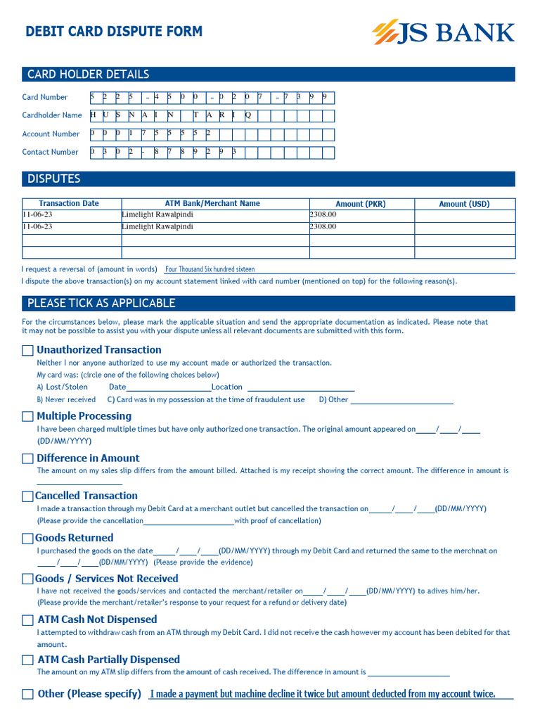 Dispute-form-V2-copy Filled | PDF | Debit Card | Automated Teller Machine