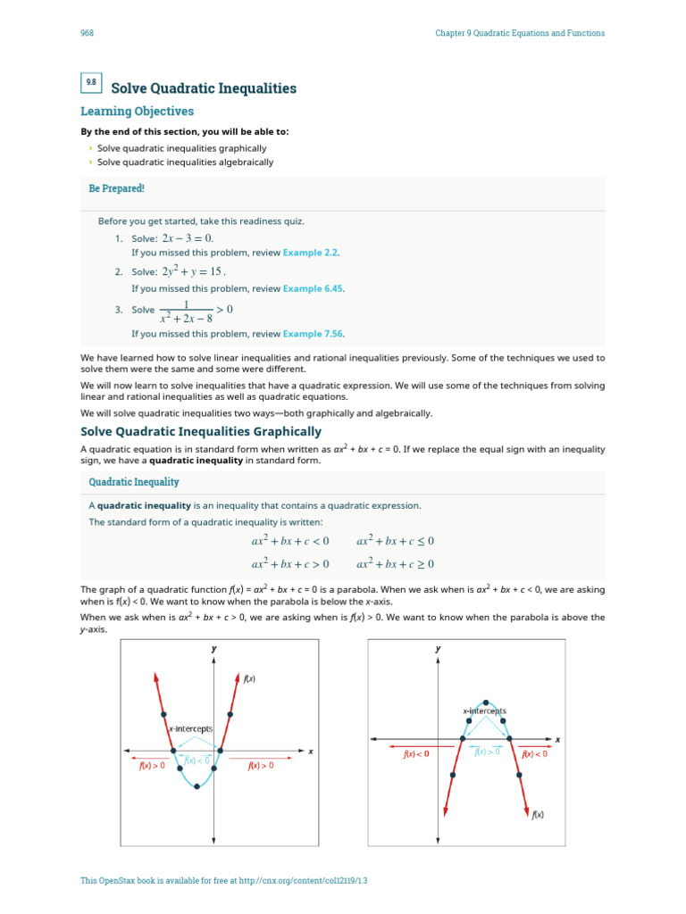 Solve Quadratic Inequalities: Learning Objectives | PDF | Quadratic Equation | Equations