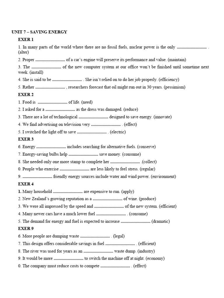 Unit 7 - Saving Energy Exer 1 | PDF
