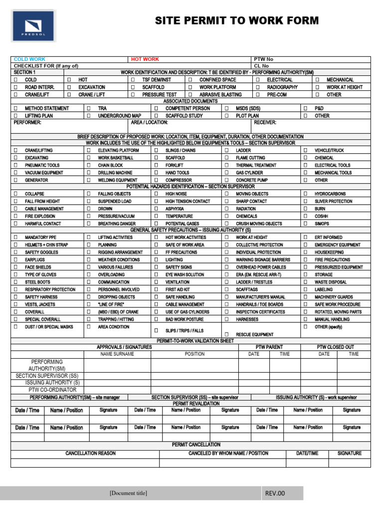 PTW Form Predsol | PDF | Crane (Machine) | Personal Protective Equipment