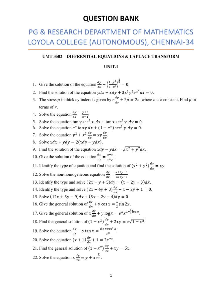 Umt3502 Differential Equations Laplace Transform Qb Pdf