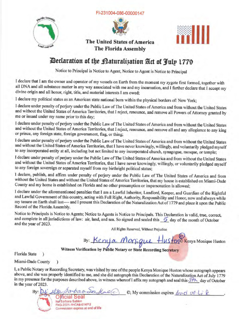 Florida State Assembly No. FI-231004-086-00000147 State National ...