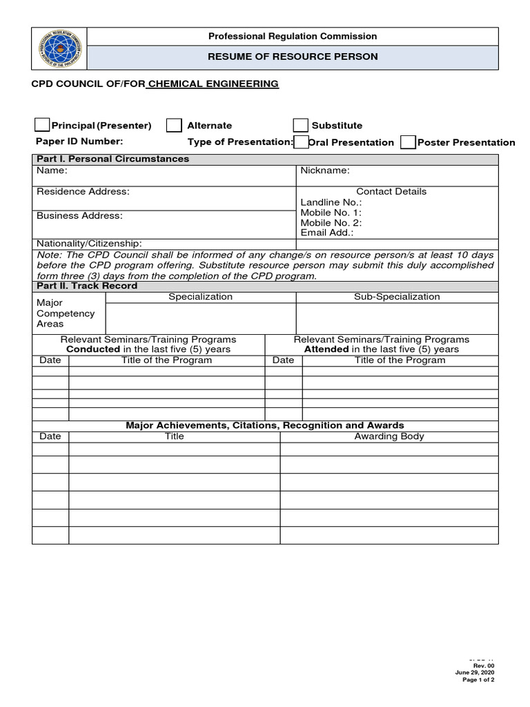 PRC Resource Person Resume Template | PDF