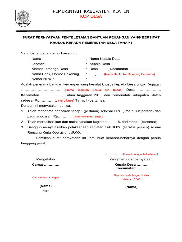 2 C. Form Pernyataan Penyelesaian Tahap I (Desa) | PDF