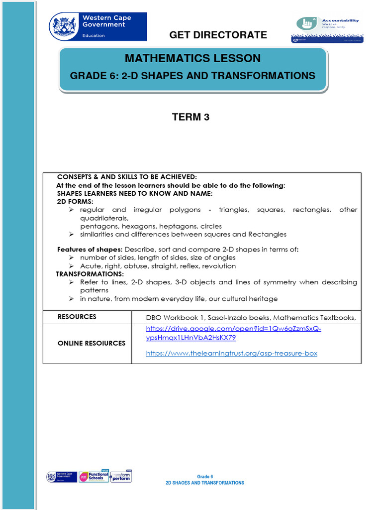Lesson Plan GR 6 Mathematics Term 3 2D and Transformastions 2021 | PDF ...