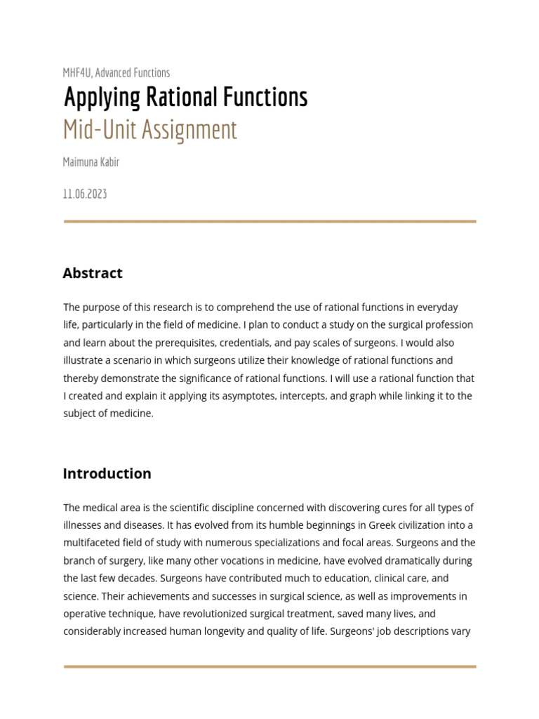 Applying Rational Functions Mid-Unit Assignment | PDF | Medicine | Surgery