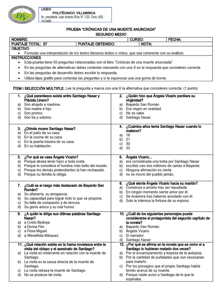 Prueba Crónicas de Una Muerte Anunciada 1 | PDF